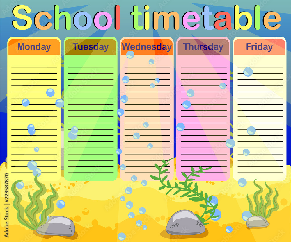 Design of the school timetable for kids. Bright underwater background ...