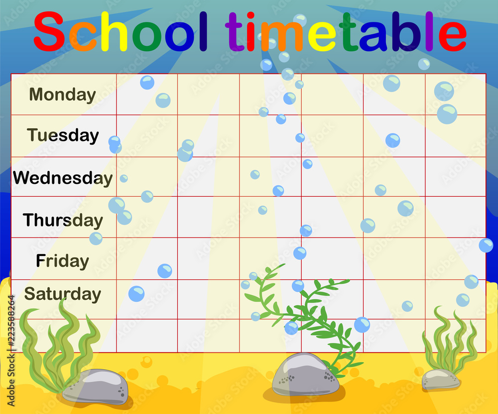 Design of the school timetable for kids. Bright underwater background ...