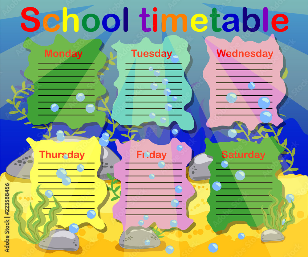 Design of the school timetable for kids. Bright underwater background ...