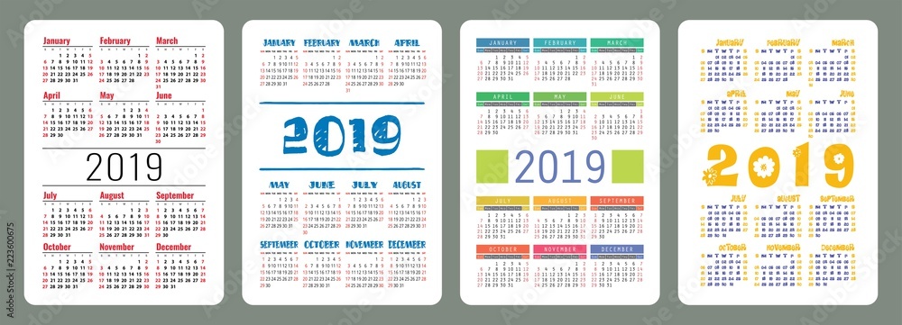 Calendar 2019. Colorful English vector calender set. Week starts on ...