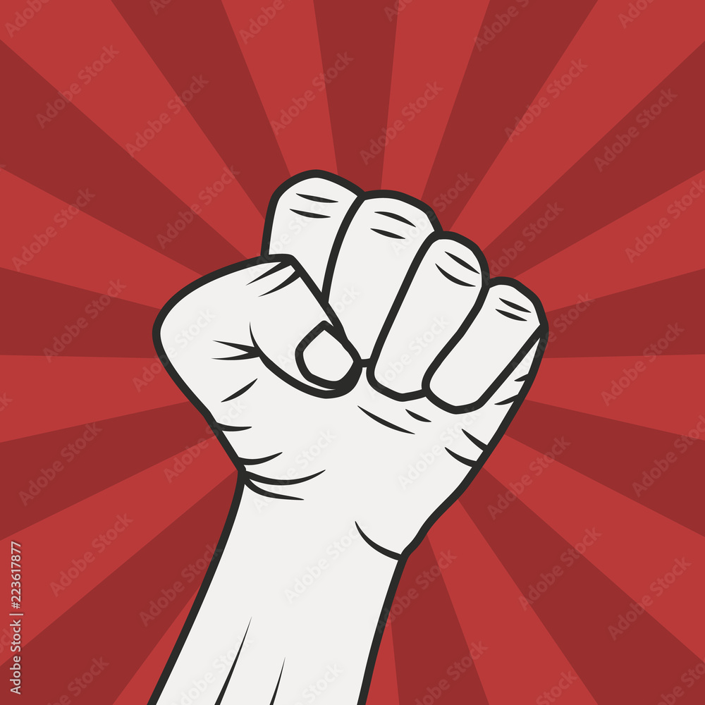 Fist power. Fist male hand isolated on red light rays background. Power ...