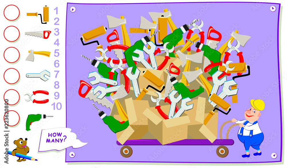 Educational page for kids. How many times of each tool the worker has ...