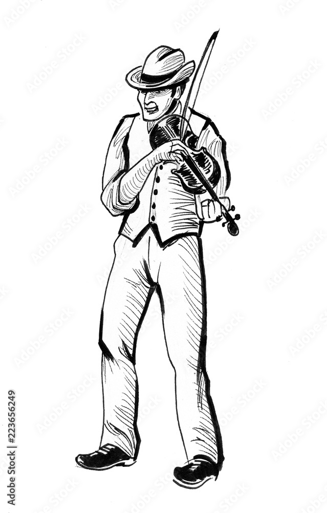 Man playing violin. Ink black and white drawing Stock Illustration ...