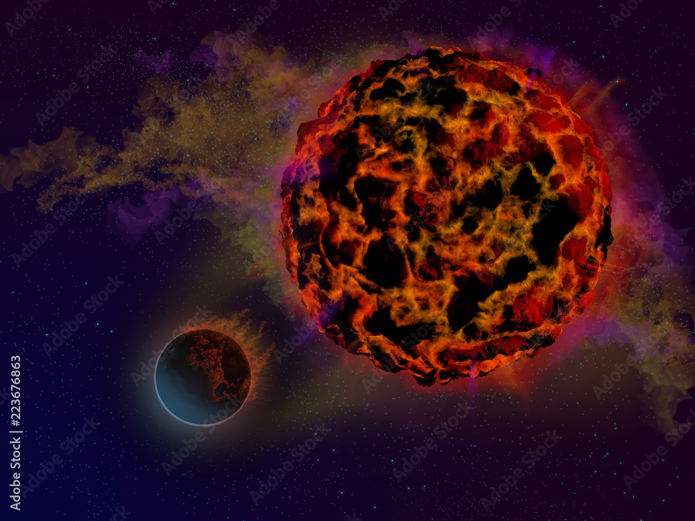 A huge fiery space object (planet Nibiru) covered in molten lava and ...