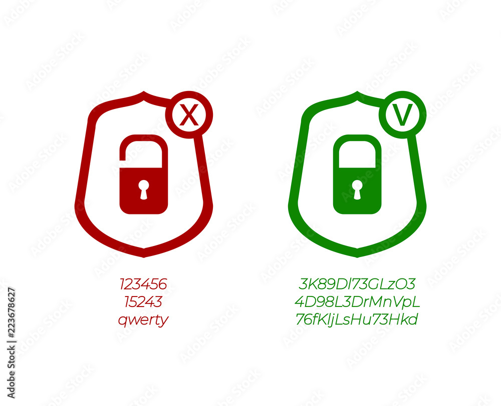 Vector Password Management Icons, Weak and Strong Passwords, Green and ...
