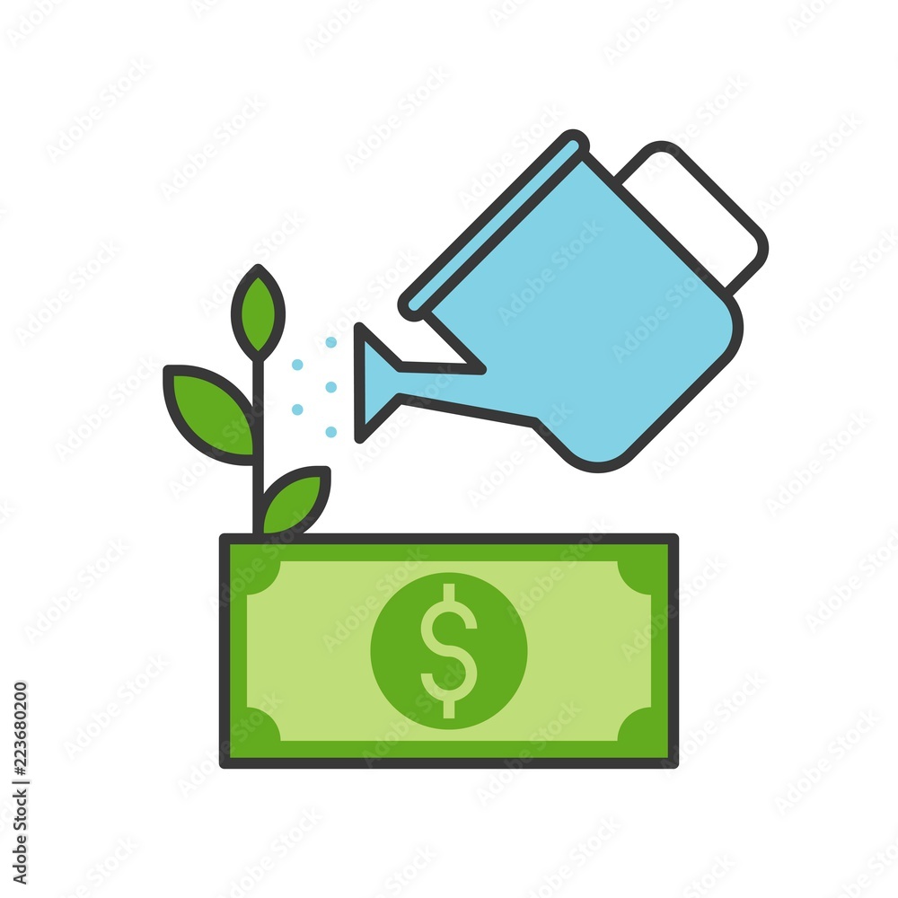 watercan watering dollar bill or banknote tree, investment icon concept ...