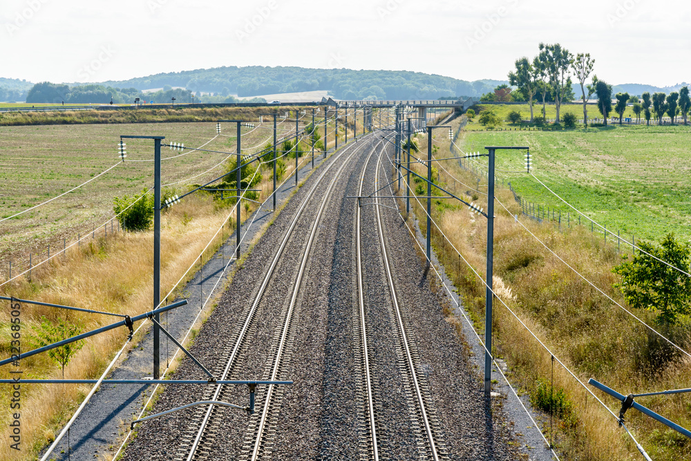 View from above of a french high-speed railway track with overhead line ...