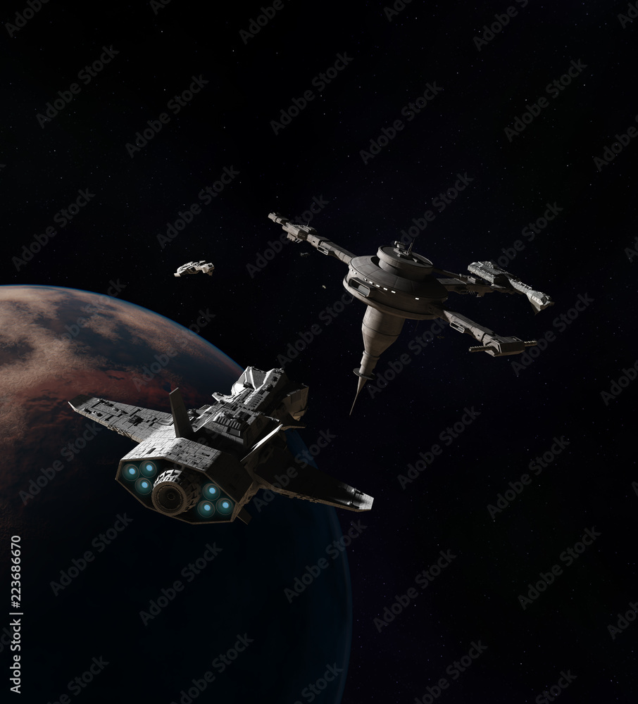 Spaceships approaching a Space Station Above an Alien Planet - science ...