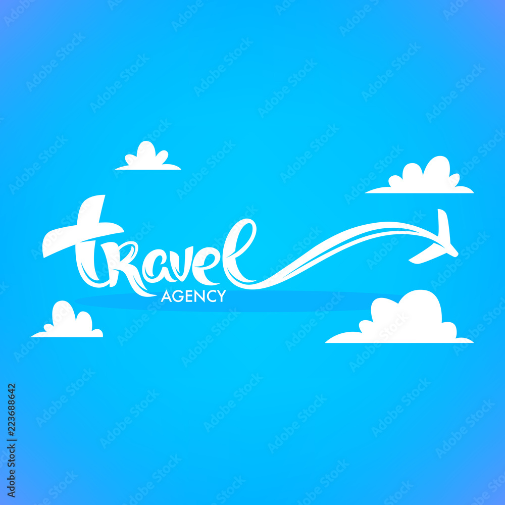 Travel Agency Lettering Logo with White Clouds and Plain on Blue ...