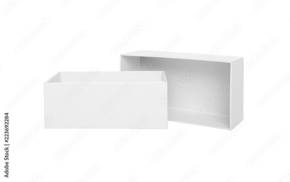 White box with an open lid on a white background. Stock Photo | Adobe Stock