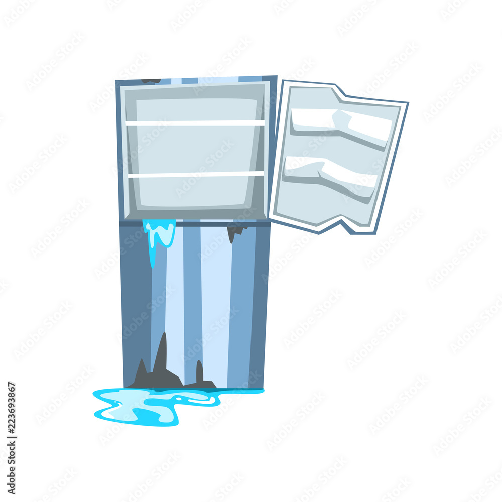 Broken refrigerator with leaking water, damaged home appliance cartoon ...