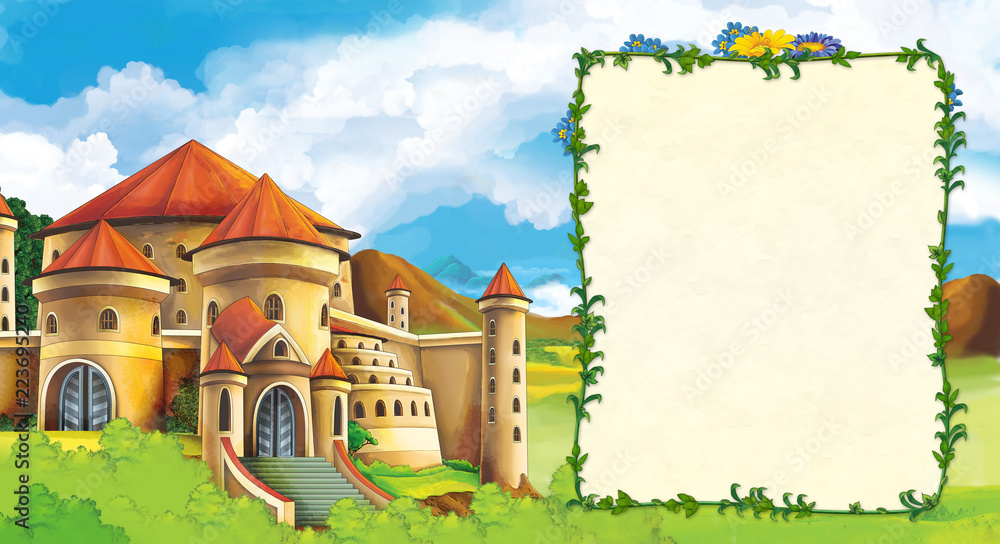 cartoon scene with beautiful medieval castle and frame with space for ...