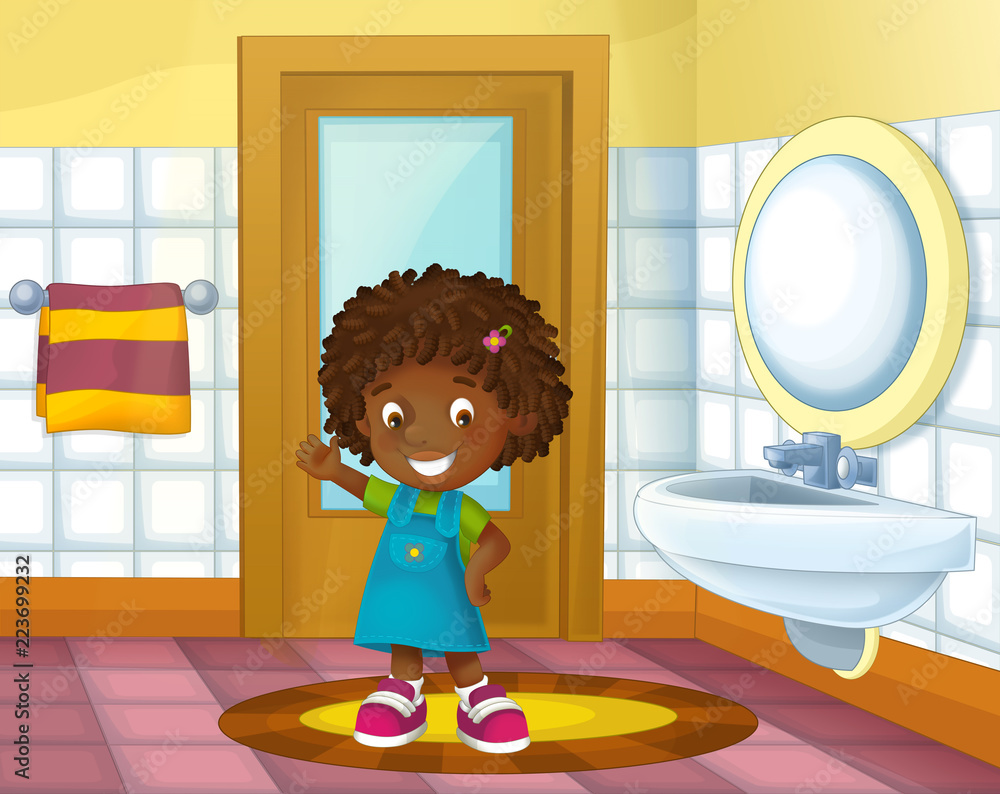 cartoon scene with cute happy girl in the bathroom - illustration for ...