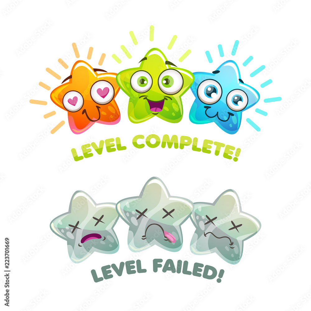 Level complete and level failed screens. Game over banners. Stock ...