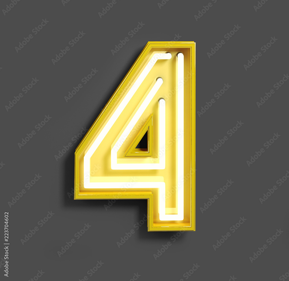 Bright Neon Font with fluorescent yellow tubes. Number 4. Night Show ...