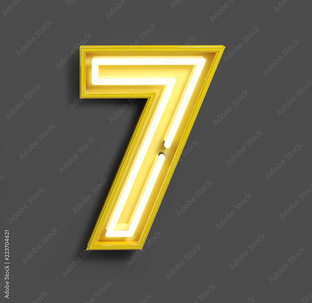 Bright Neon Font with fluorescent yellow tubes. number 7 . Night Show ...