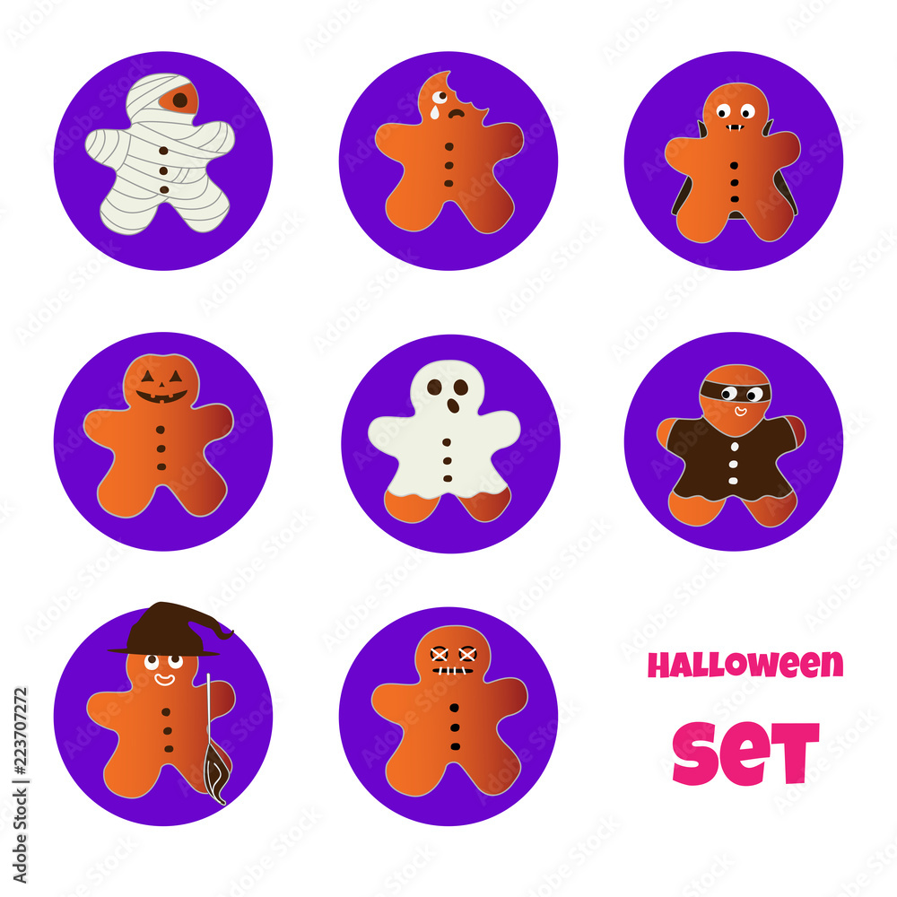Vector Halloween illustration set of 6 cartoon cookies in party costume ...