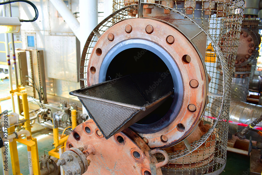 Open cover suction strainer of heating medium circulation pump on oil ...