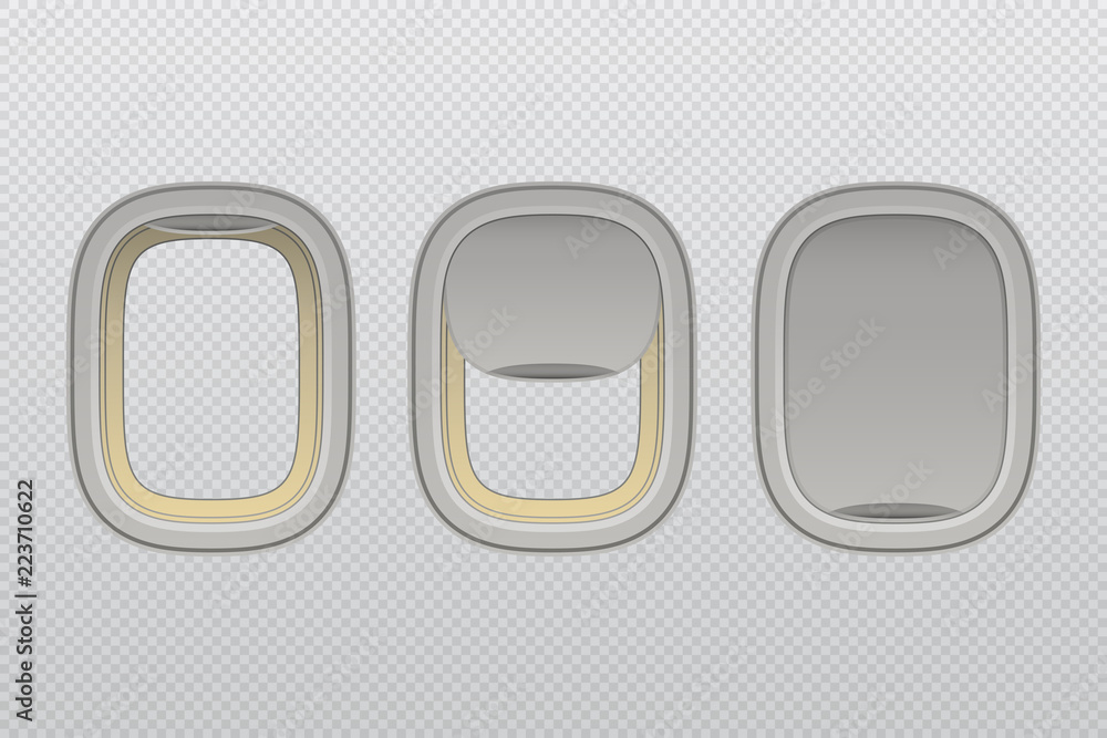 Set of airplane windows with open and closed shade, vector illustration ...