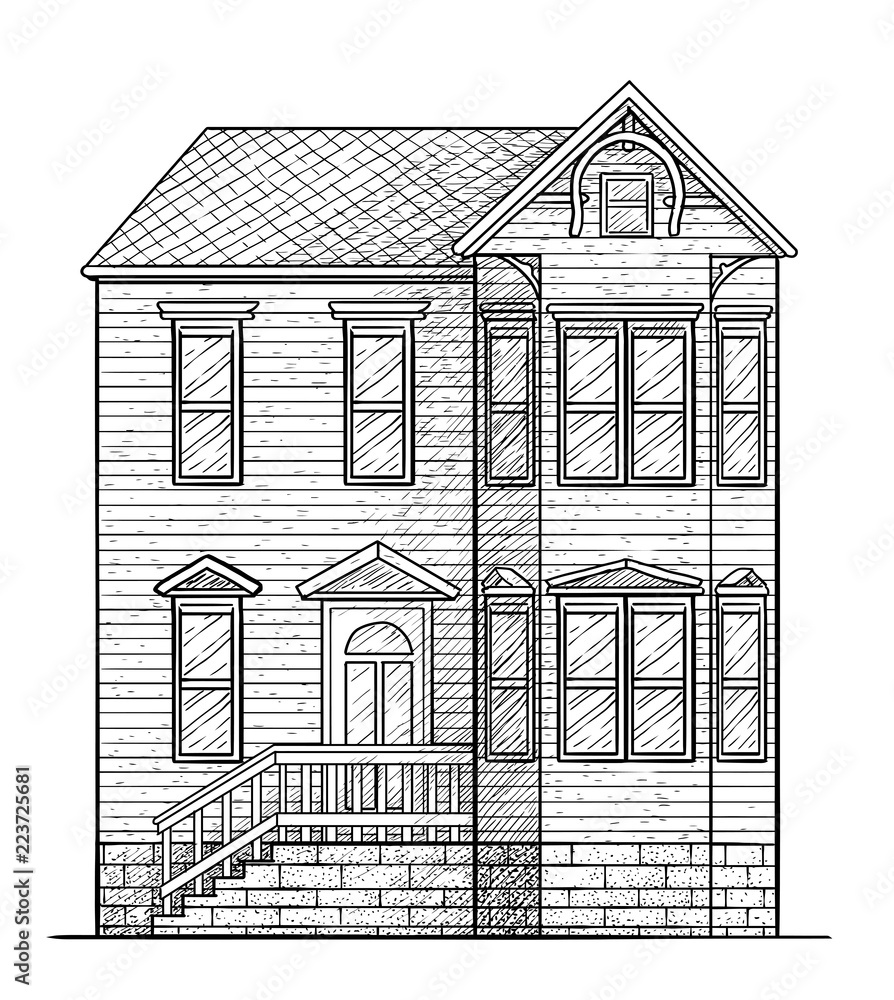 House illustration, drawing, engraving, ink, line art, vector Stock ...