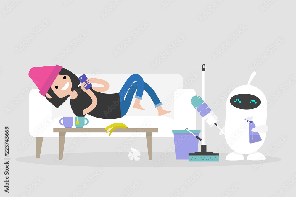 New technologies. Smart home. Cleaning the apartment. Cute white robot ...