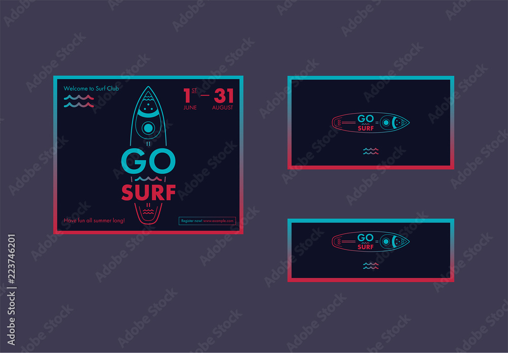 Social Media Layouts Set with Surfboard And Wave Elements Stock ...