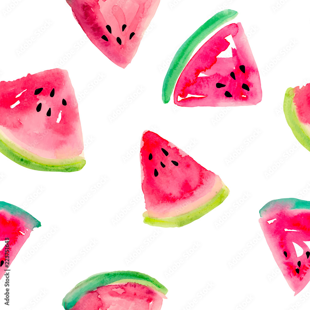 Seamless background with watermelon slices. Bright watercolor sketch of ...