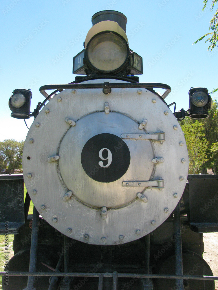Front view of historic railroad locomotive 9, a 4-6-0 oil fueled steam ...