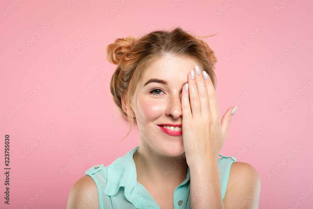 eyesight check. vision examination. woman covering one eye with hand ...