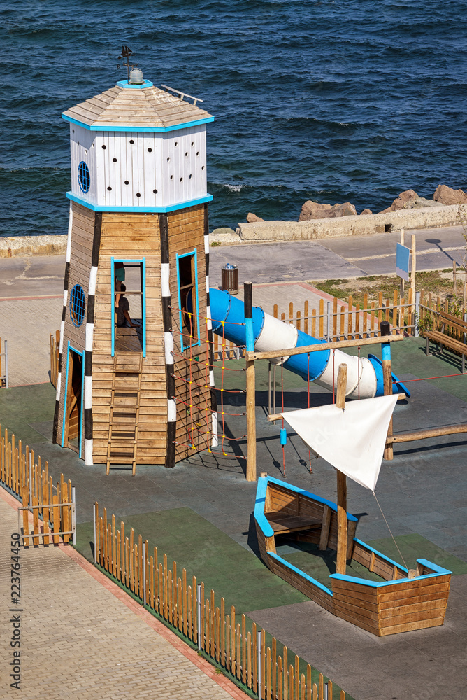 Modern playground near the sea. Playground at the Black Sea coast in ...