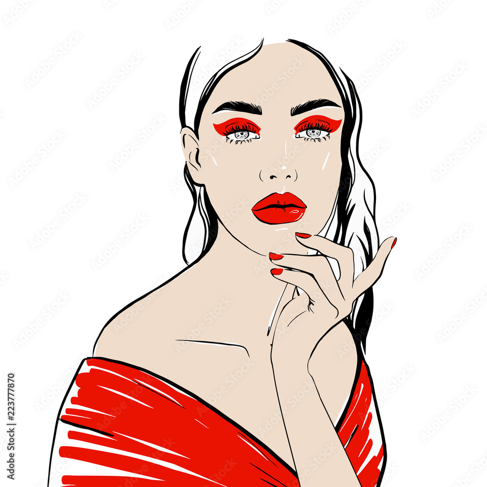 Chic girl, woman face in red clothes with red makeup and lips hand ...