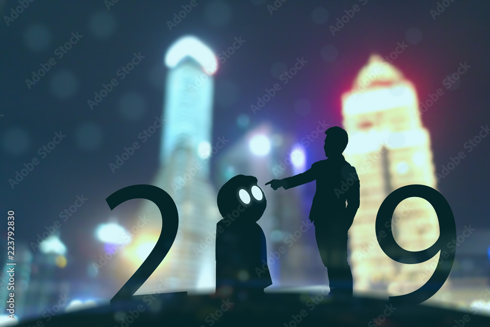2019 year artificial intelligence or ai futuristic concept, Silhouette ...