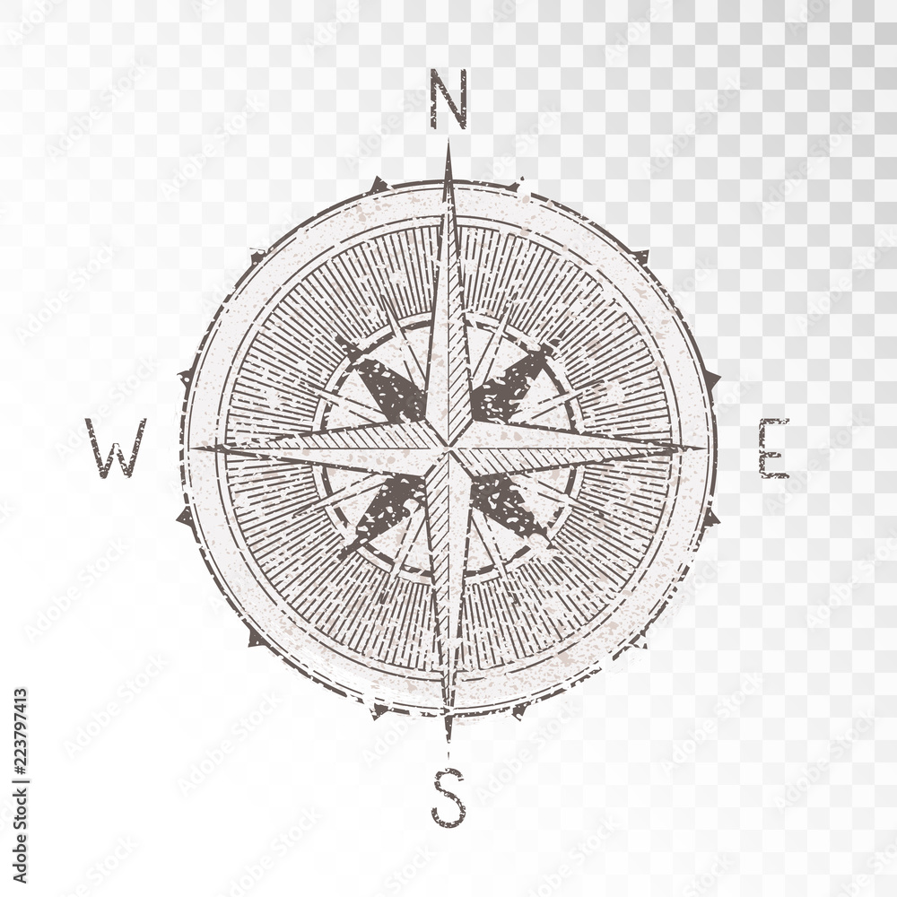 Vector illustration with a vintage textured compass or wind rose and ...
