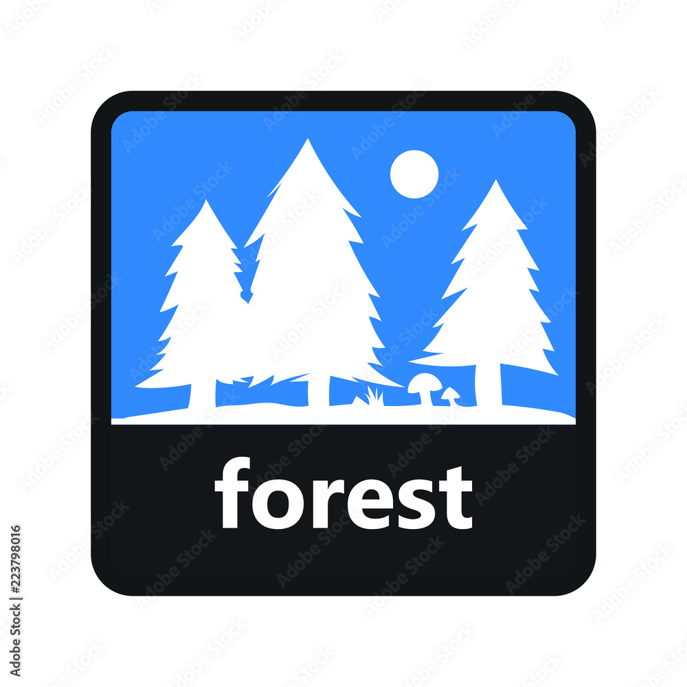 Forest with trees and sun sign with label for print and digital content ...