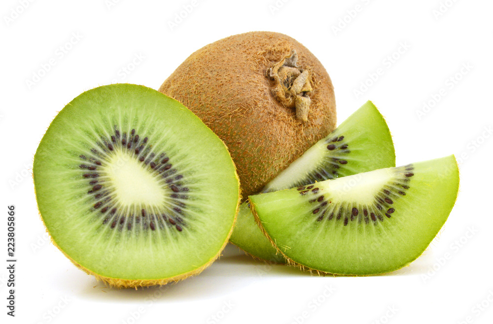 Whole kiwi fruit and his sliced segments isolated on white background ...