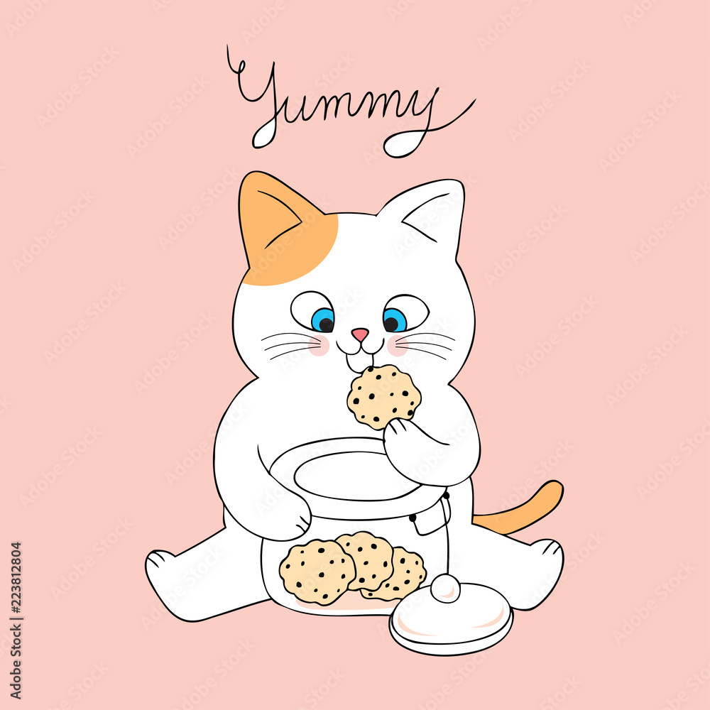 Cartoon cute cat eating cookies vector. Stock Vector | Adobe Stock