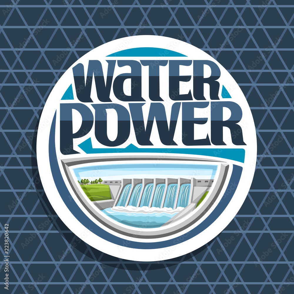 Vector logo for Water Power, white round tag with small hydroelectric ...