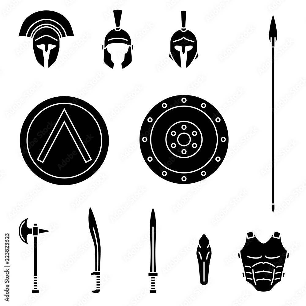 Set of ancient greek spartan weapon and protective equipment. Spear ...