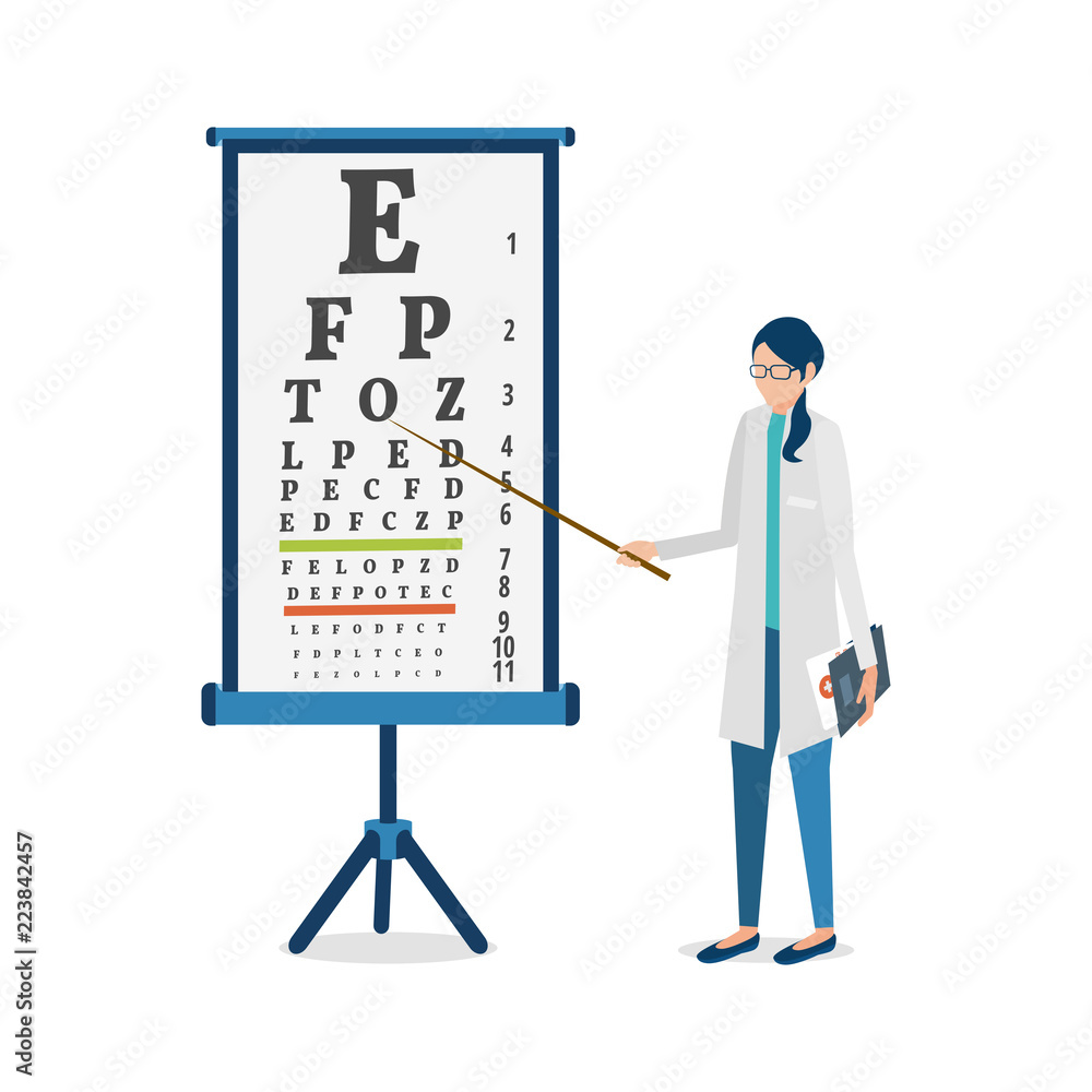 Vector cartoon illustration. Ophthalmologist examines the eyes through ...
