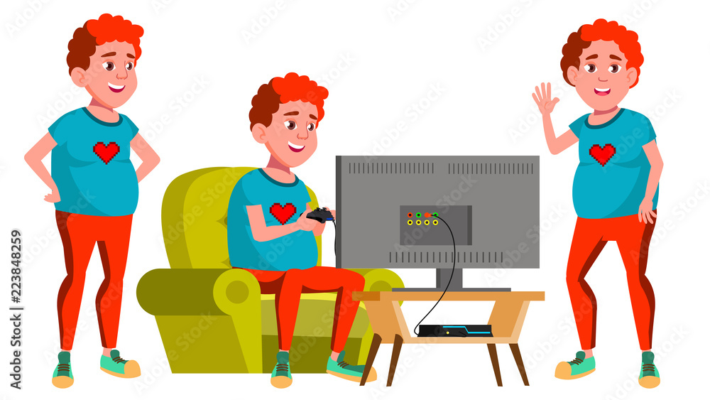 Teen Boy Poses Set Vector. Red Head. Fat Gamer. Adult People. Casual ...
