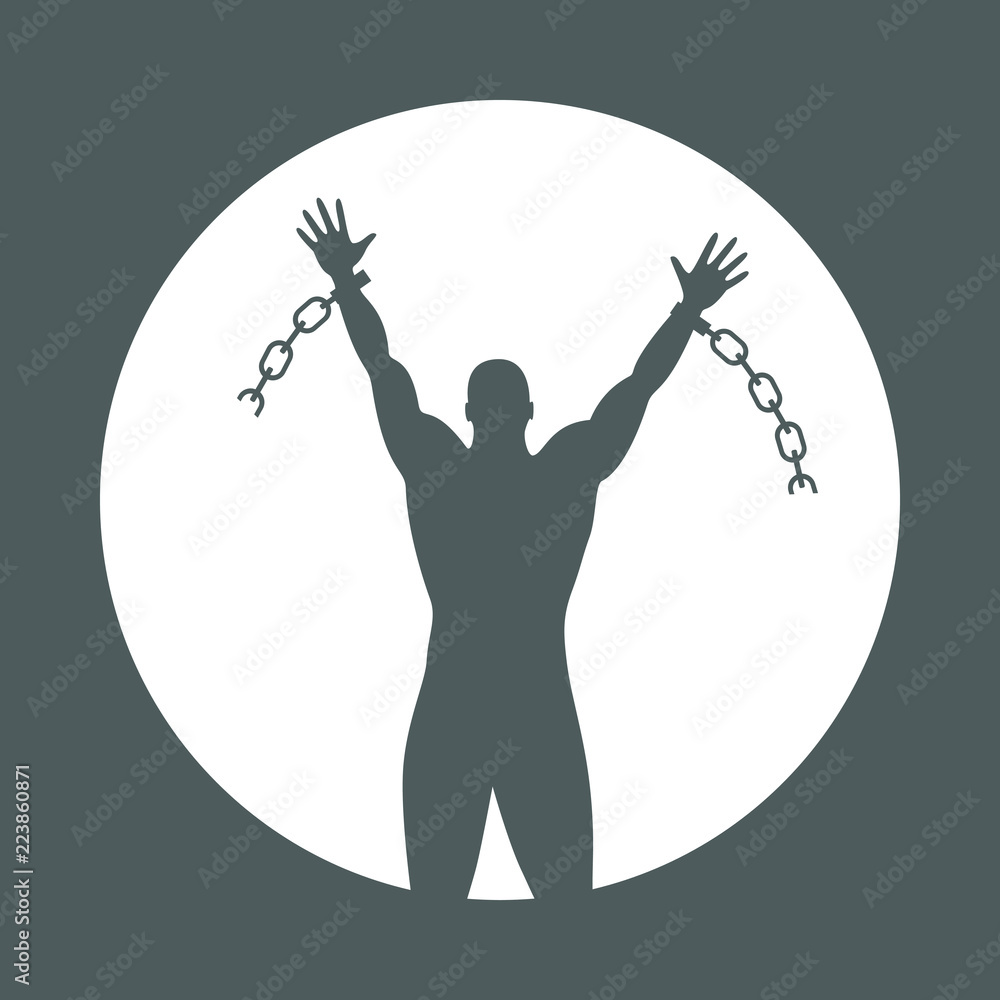 Broken chain graphic sign. Silhouette liberated man which broken chain ...