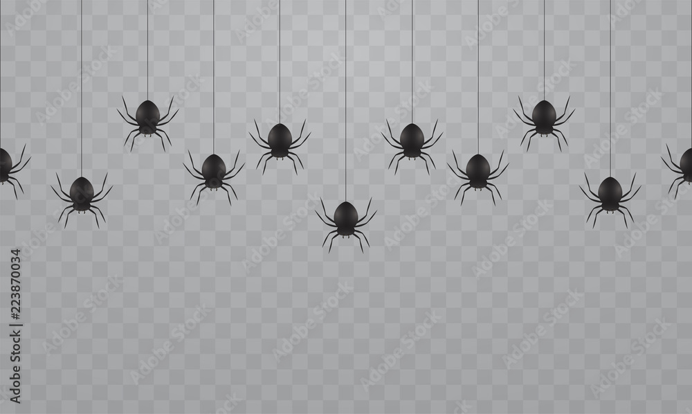 Black hanging spiders on a transparent background. Scary spiders on ...