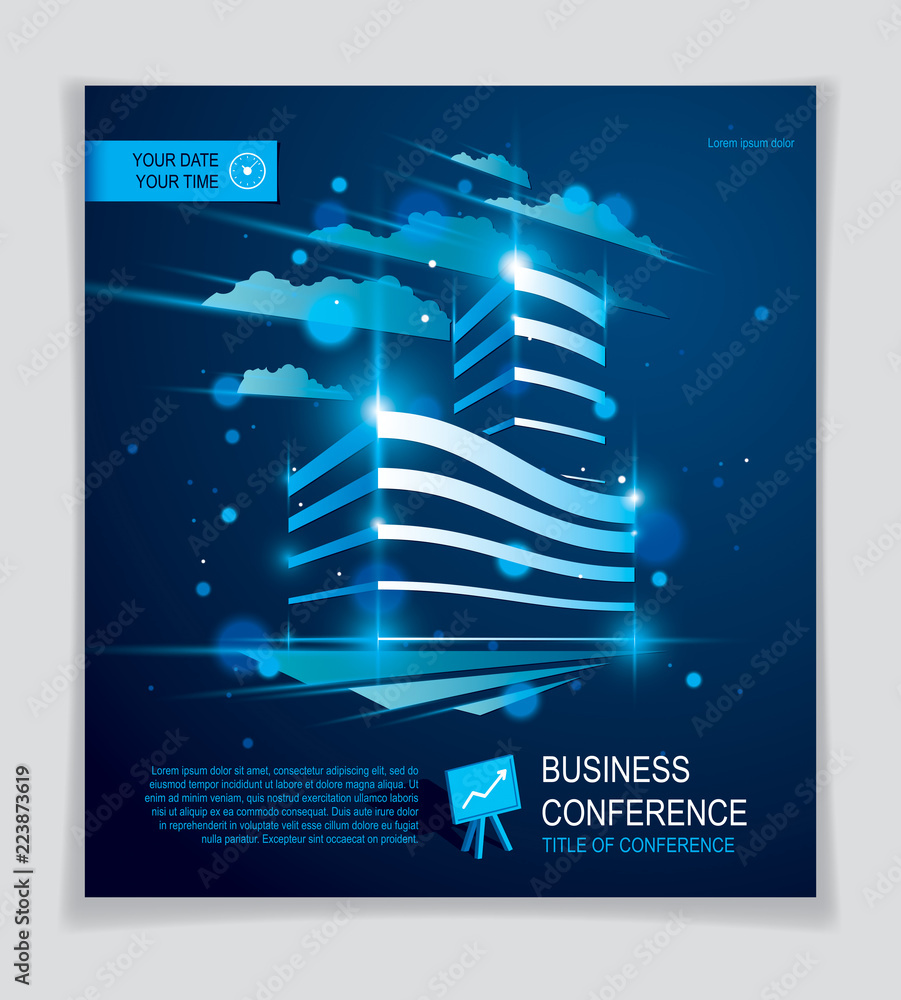 Office building brochure, modern architecture vector flyer with blurred ...