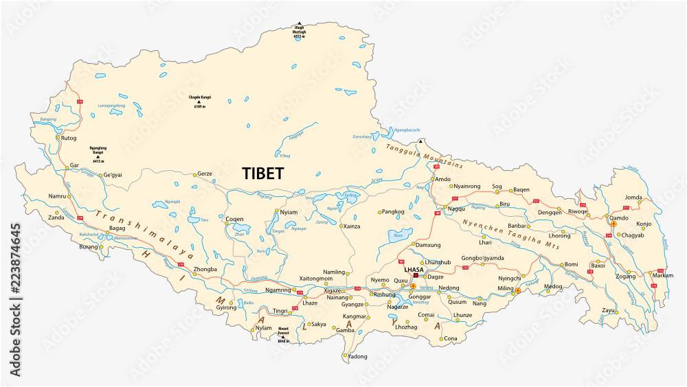 Tibet region with important cities and roads vector map Stock Vector ...