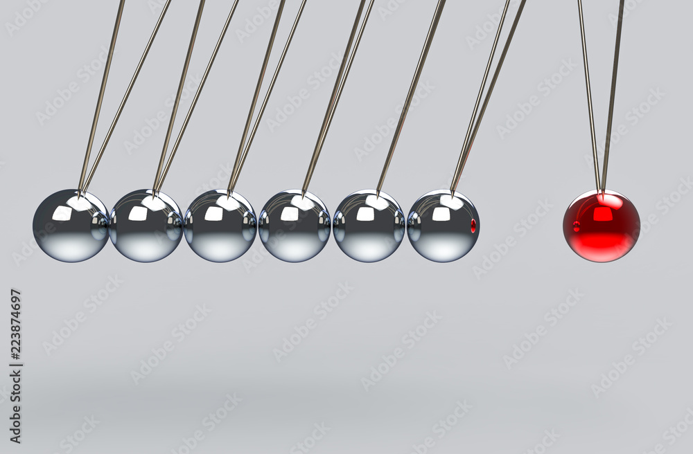 3d rendering. before hitting of pendulum group to a red ball. all force ...