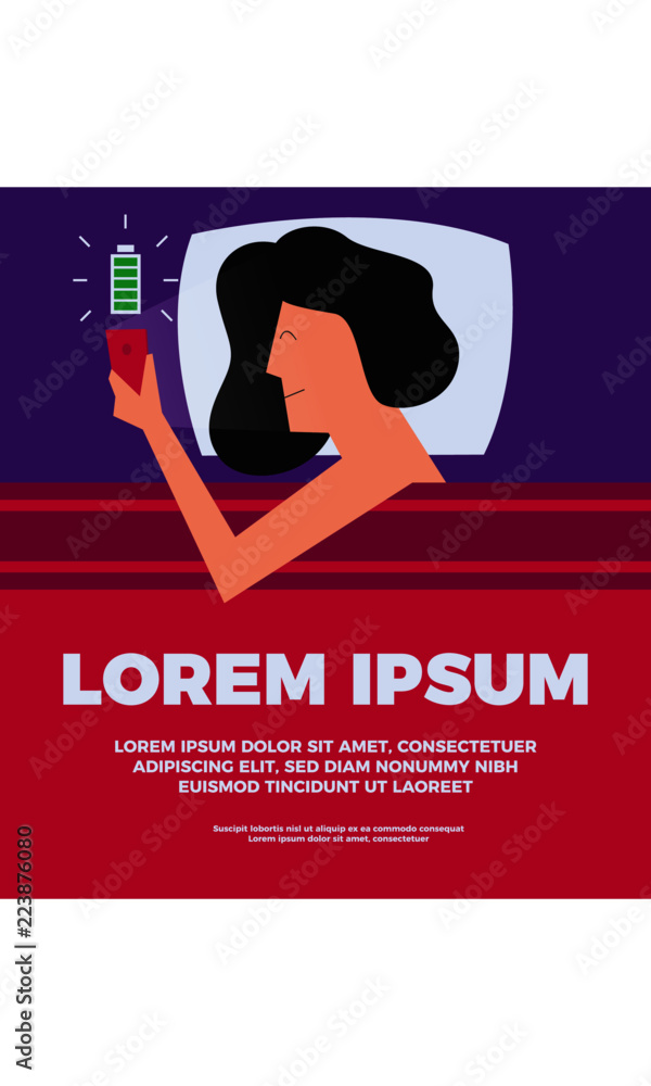 Vector Illustration of a smiling girl in bed looking into her phone ...