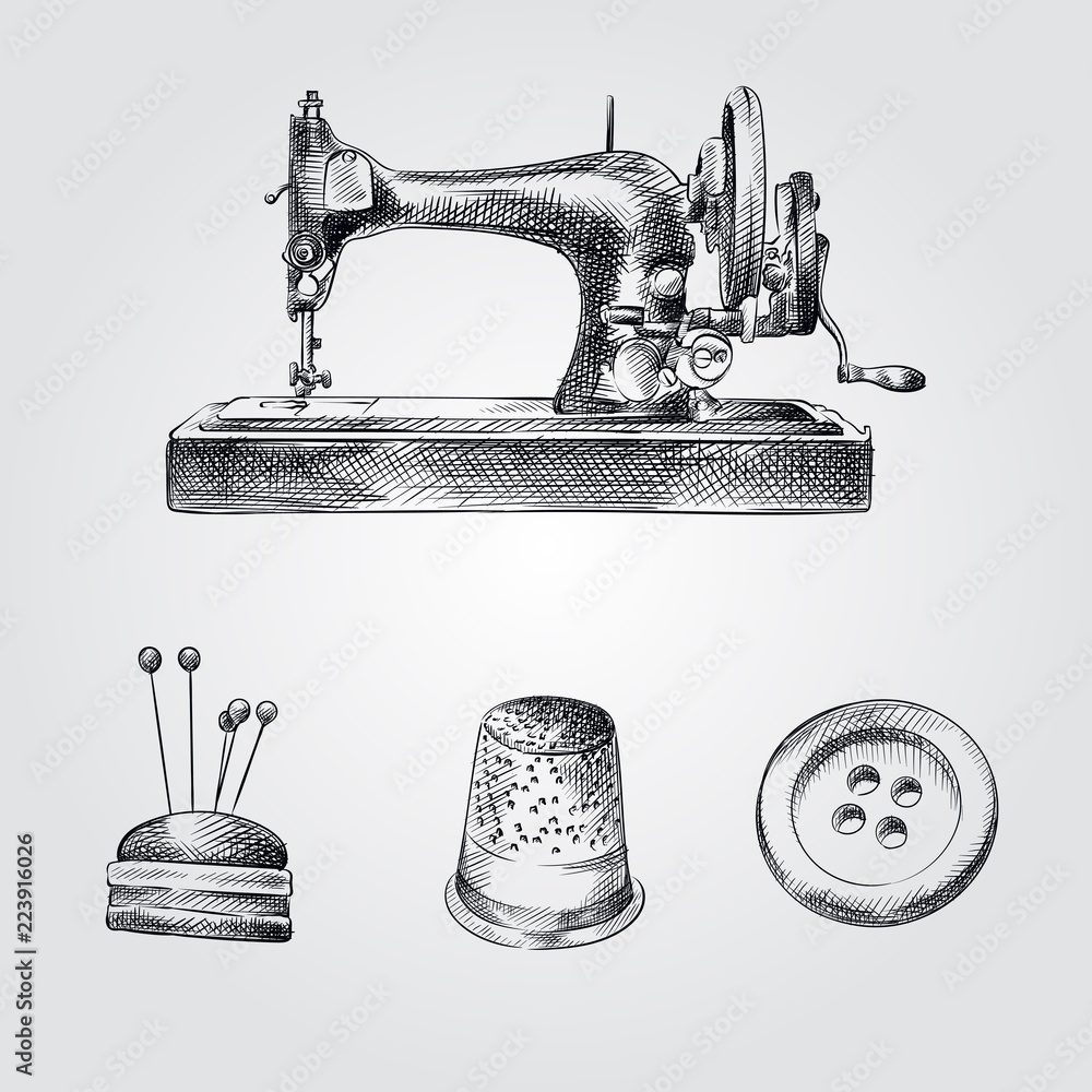 Hand Drawn Sewing Sketches Set. Collection Of sewing machine ...