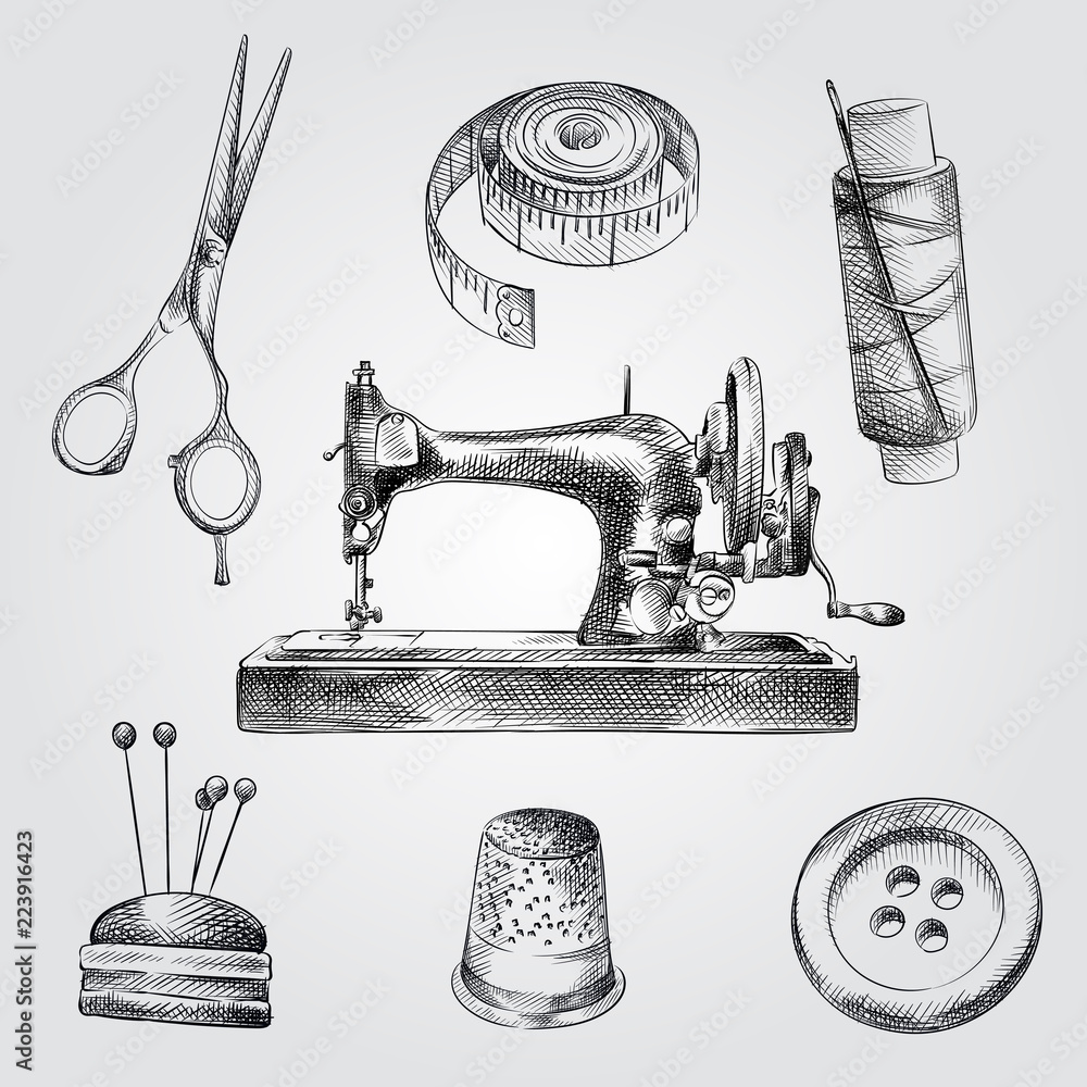 Hand Drawn Sewing Sketches Set. Collection Of sewing machine ...