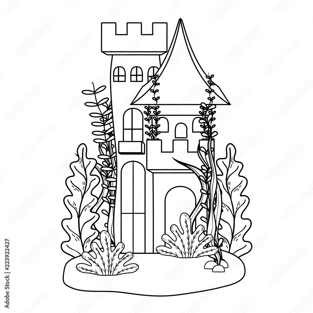 outline medieval castle architecture with branches plants leaves Stock ...