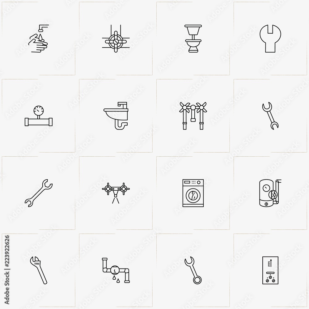 Plumbing line icon set with toilet, water meter and pipe valves Stock ...